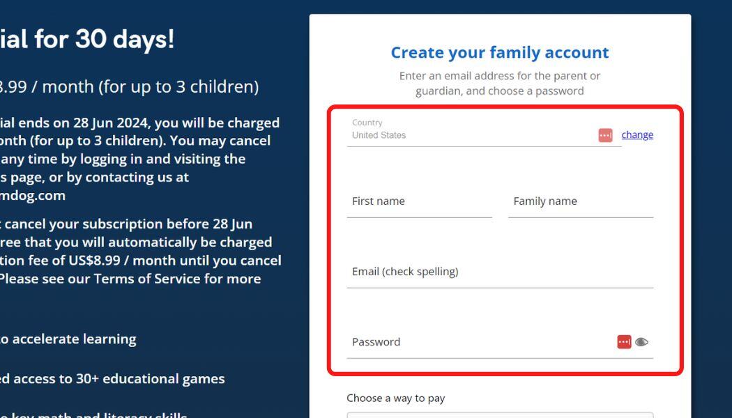 How do I set up a family account on the website?