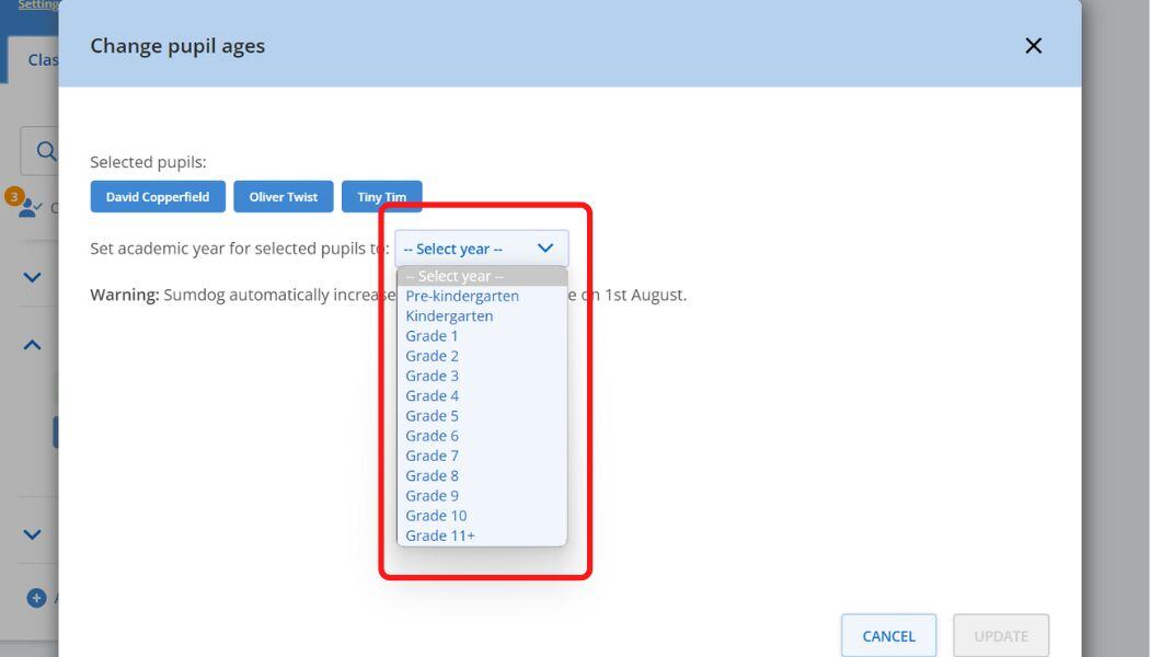 How do I change the grade/year level for my students?