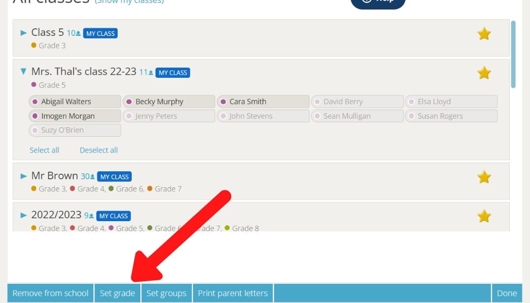 How do I change the grade/year level for my students?